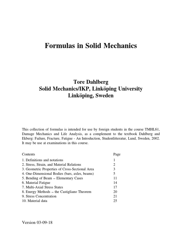 Formulas in Solid Mechanics - Division of Solid Mechanics PDF | PDF