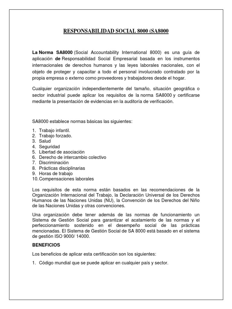 Iso Sa 8000 | PDF | Organización Internacional del Trabajo | Derecho ...