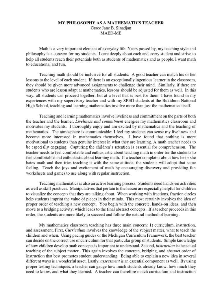 My Philosophy As A Mathematics Teacher | PDF | Teachers | Curriculum