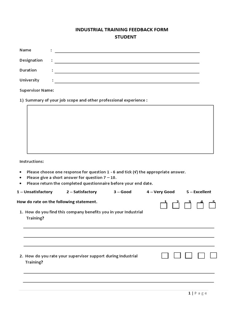 Industrial Training Feedback Form | PDF