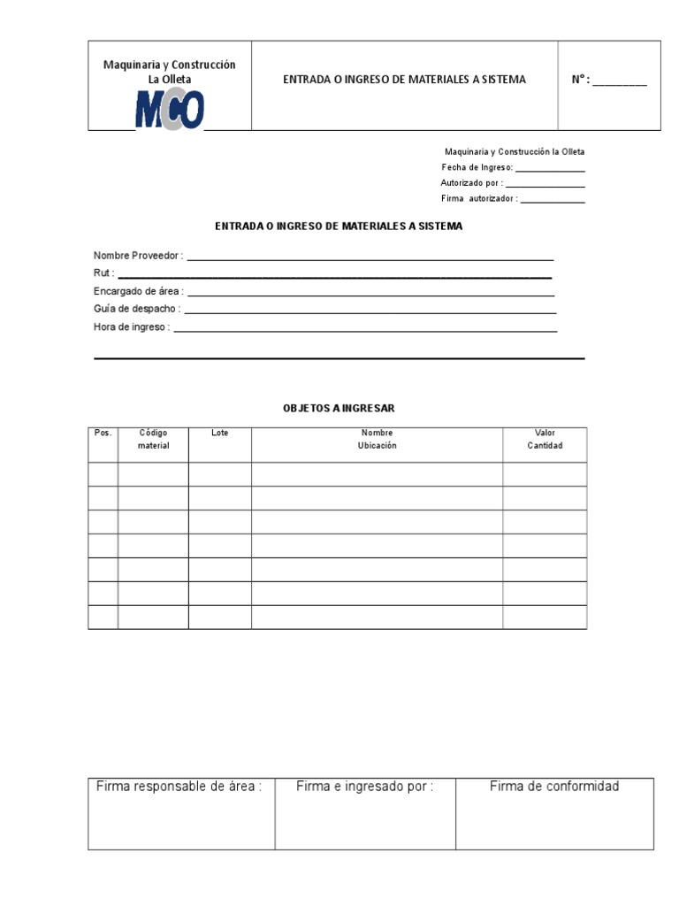 Formato Entrada o Ingreso de Materiales a Sistema 2