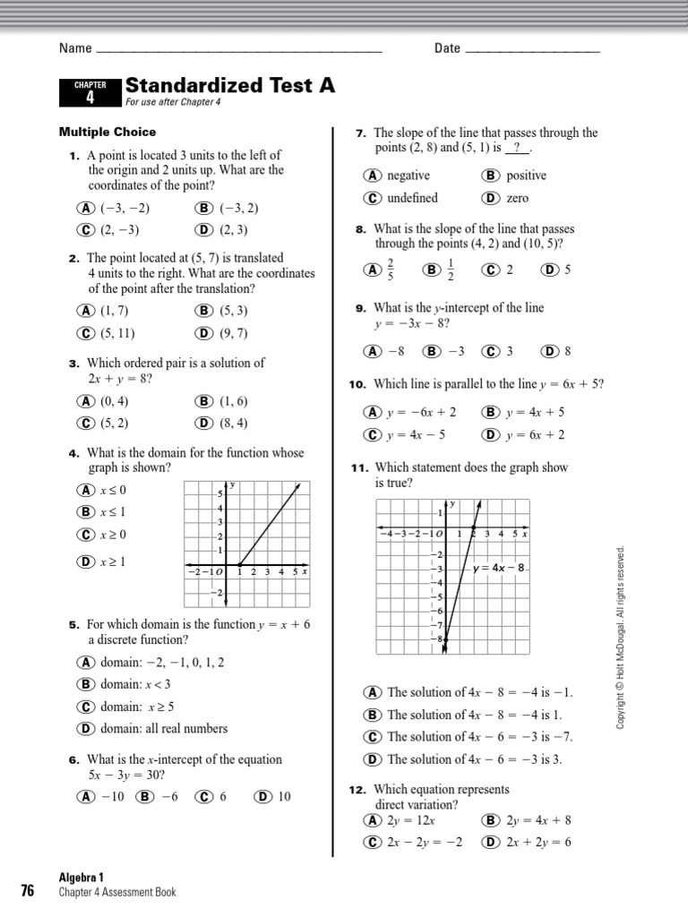 Holt Algebra 1 - Chapter 04 - Standardized Test PDF | PDF | Function ...