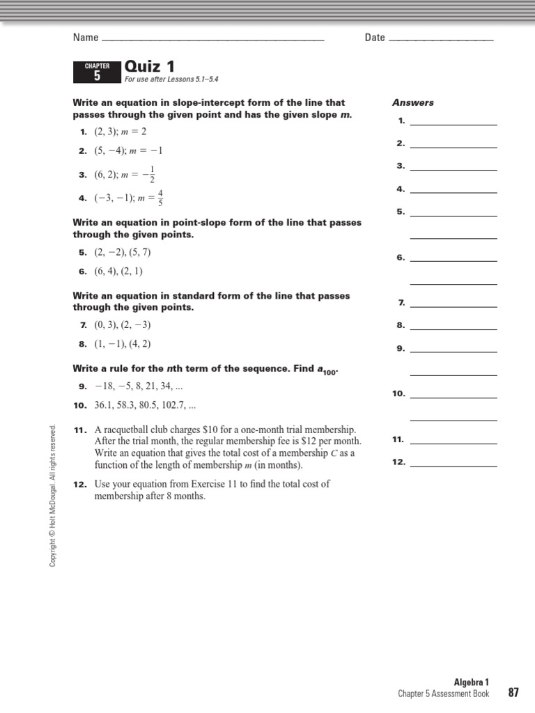 Holt Algebra 1_Chapter 05_Quiz 1 | Mathematical Concepts | Algebra Holt Algebra 1_Chapter 05_Quiz 1 | Mathematical Concepts | Algebra