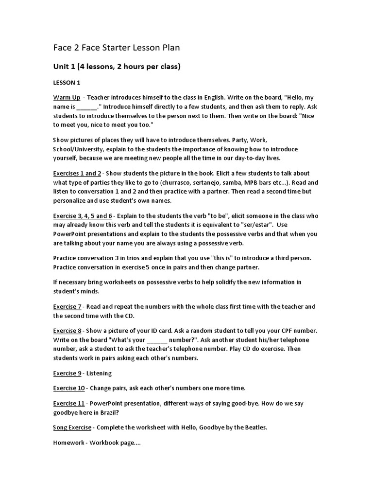Face 2 Face Starter Lesson Plan | Lesson Plan | Vocabulary