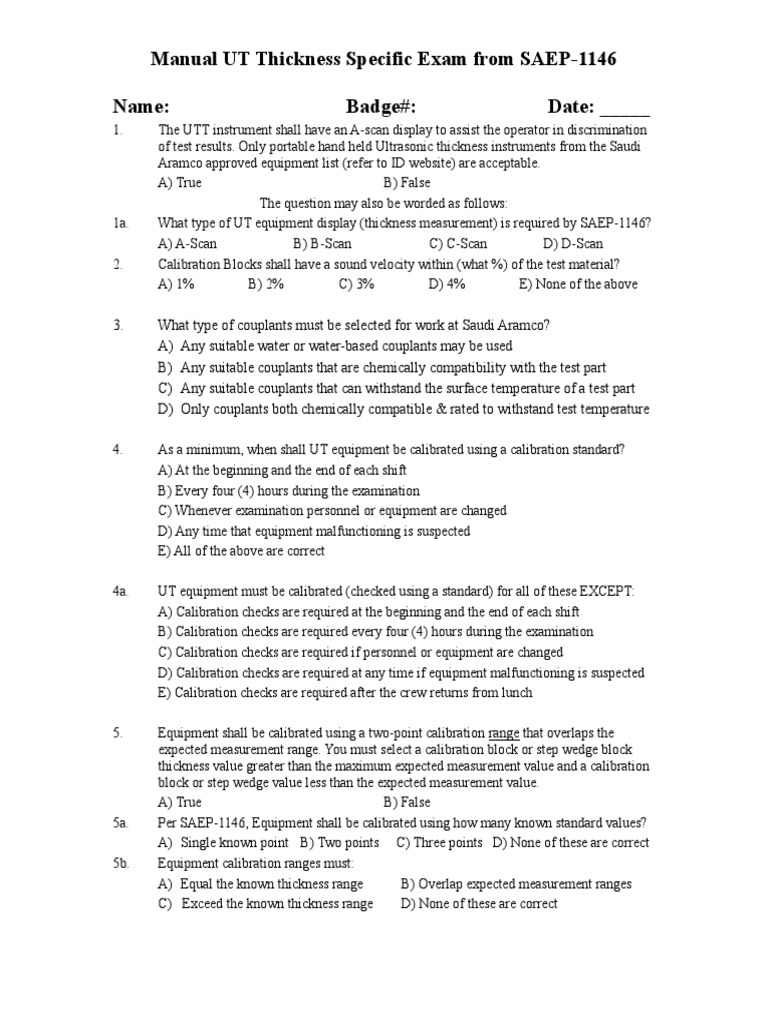 UTT Specific Exam Qs | PDF | Calibration | Pipe (Fluid Conveyance)
