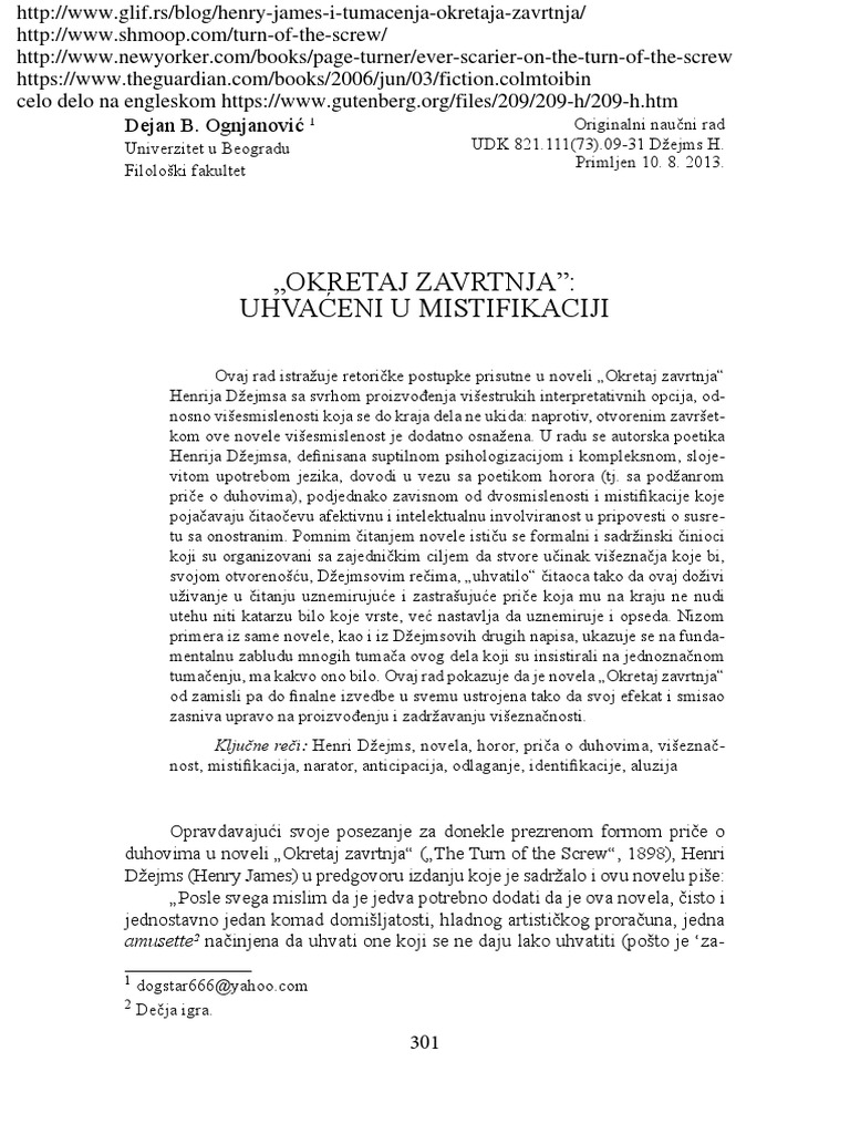 Dejan Ognjanovic Henri Dzejms Okretaj Zavrtnja | PDF