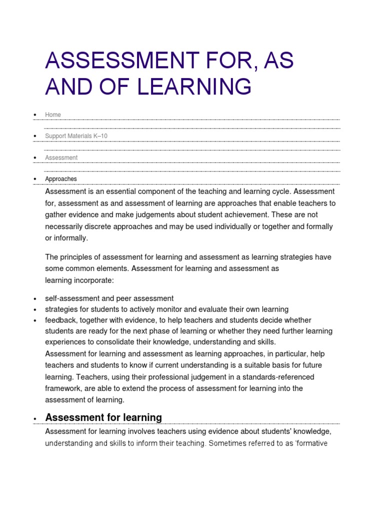 Assessment For, Of, As Learning | PDF | Educational Assessment | Learning