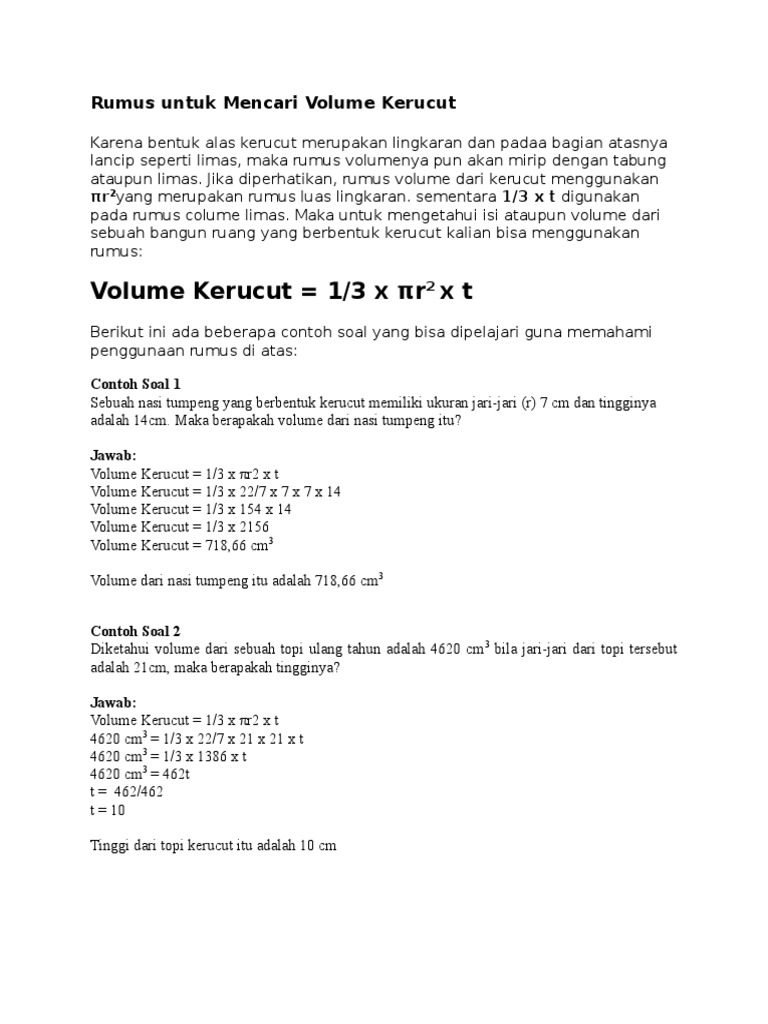 Rumus Untuk Mencari Volume Kerucut | PDF | Metode & Bahan Ajar | Griya ...