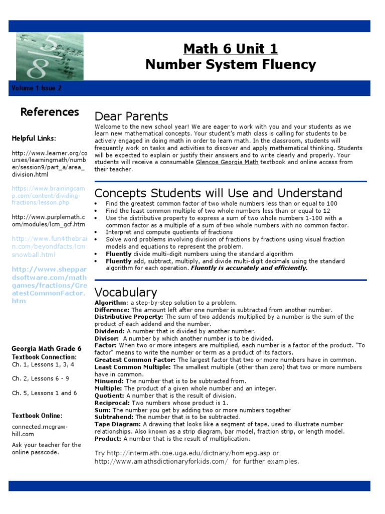 M6u1 Parent Letter | PDF | Subtraction | Division (Mathematics)