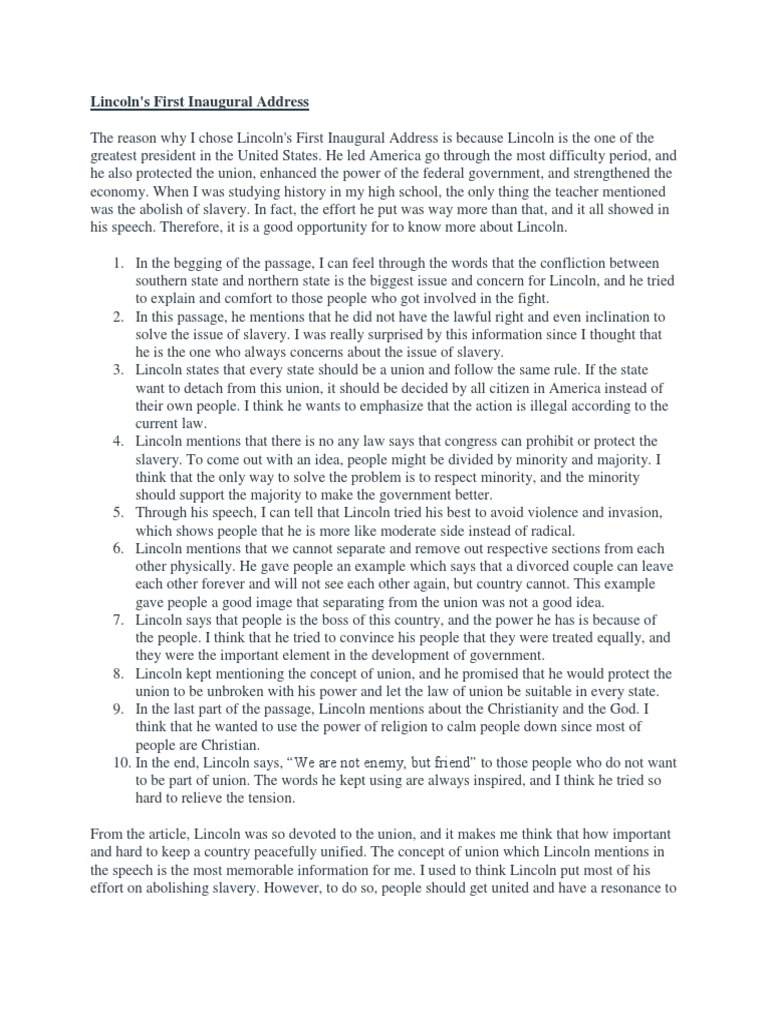 Lincoln's First Inaugural Address | PDF | Abraham Lincoln | Union ...