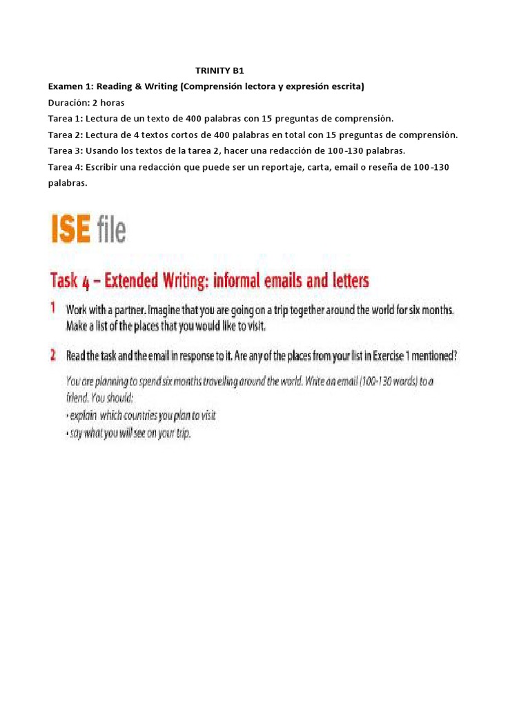 Examen Trinity B1: Reading y Writing | PDF