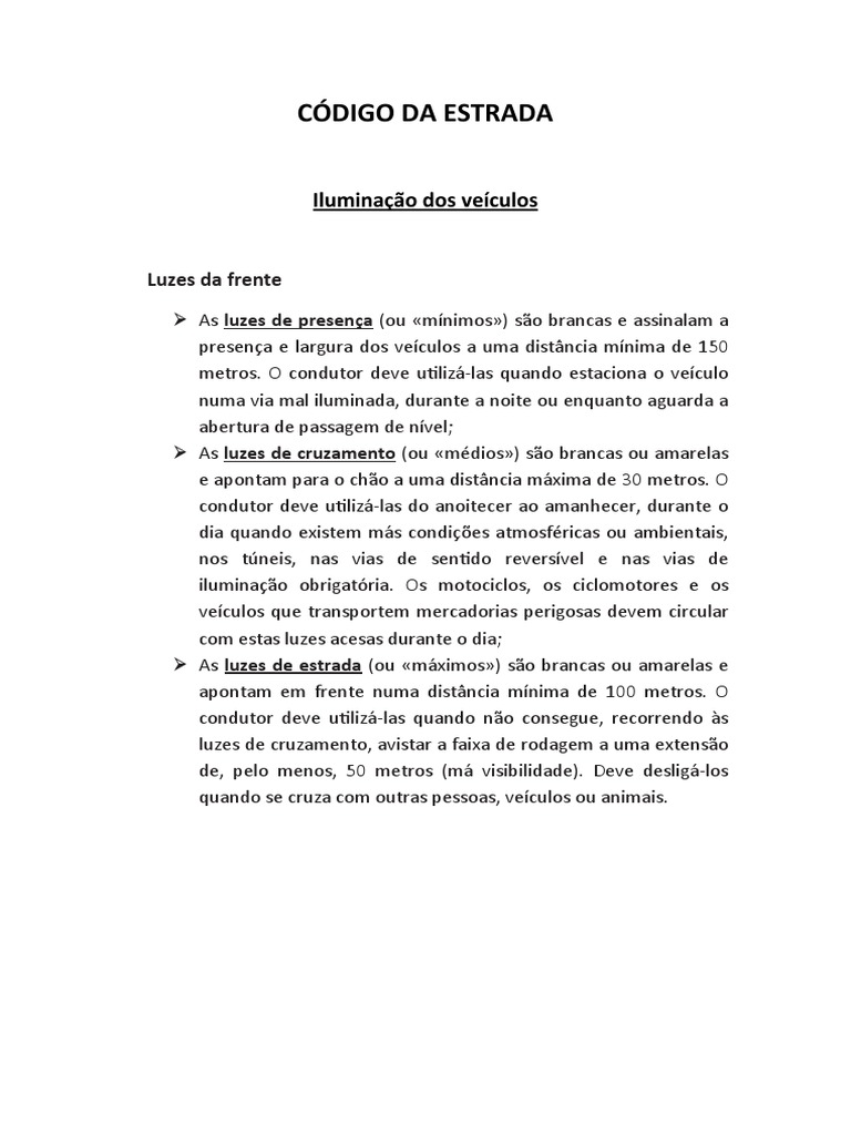 Código Da Estrada - Iluminação Dos Veículos | PDF