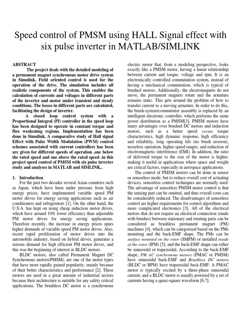 Speed Control of PMSM Using HALL Signal Effect With Six Pulse Inverter ...