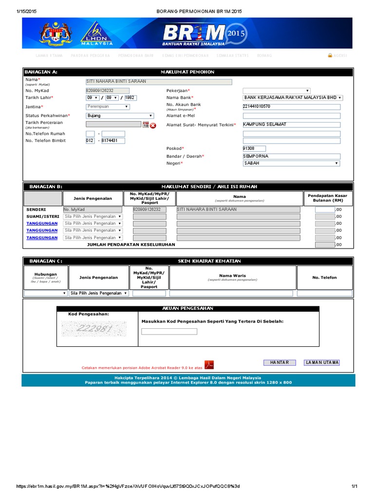 Borang Permohonan Br1m 2015 Siti Nahara Binti Saraan | PDF