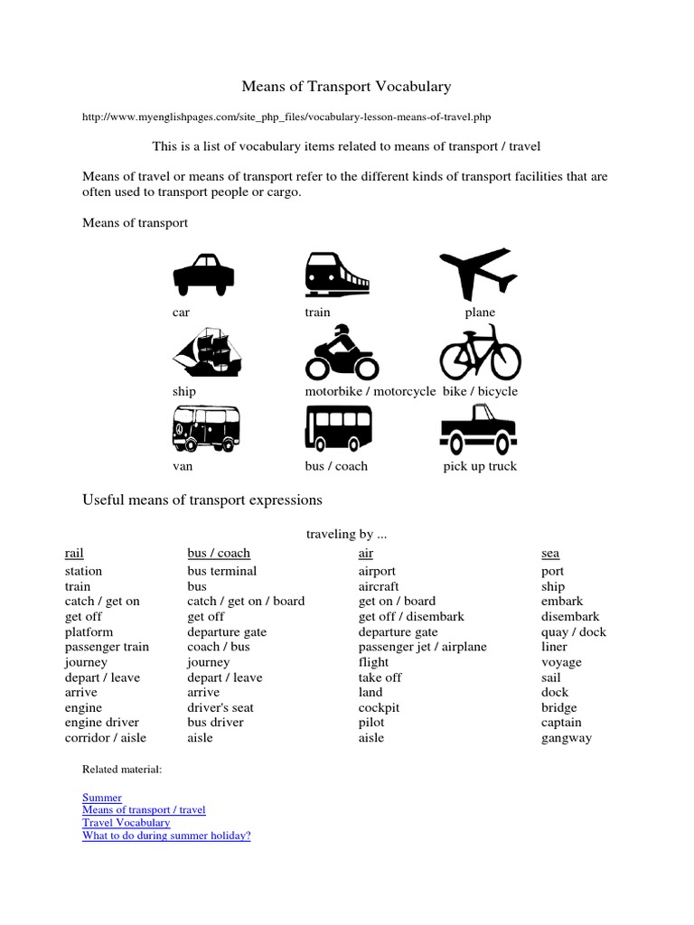 Transportation Vocabulary Guide | PDF | Bus | Train