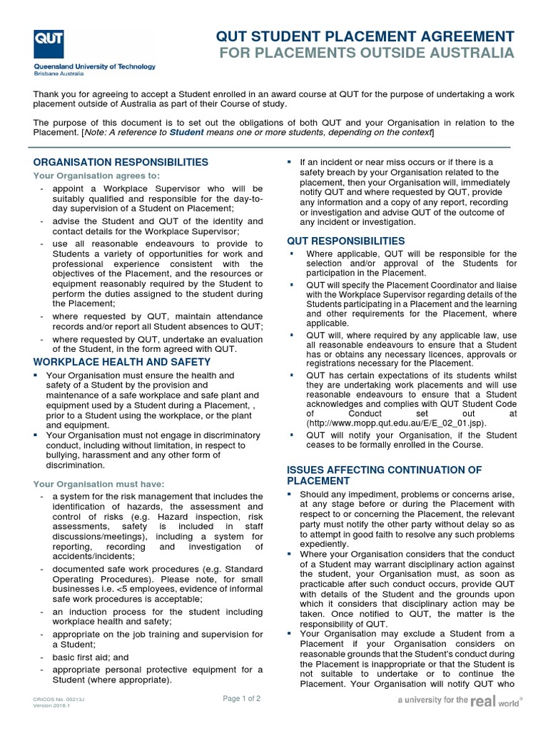 WIL Student Placement Agreement - Outside Australia - 2016 - Rivanto.1 ...
