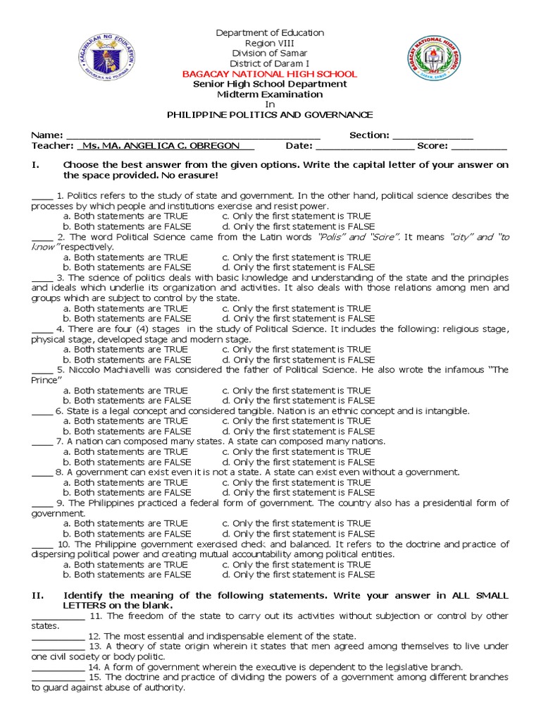 Midterm Exam Philippine Politics | PDF | President Of The Philippines ...