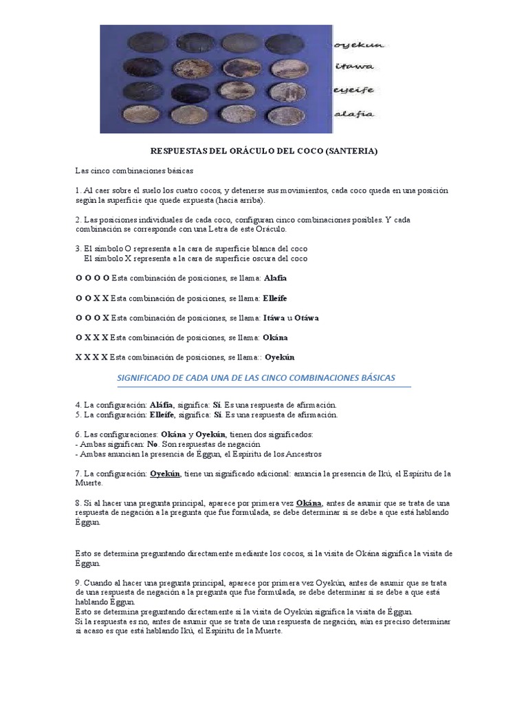 Las cinco combinaciones básicas del Oráculo de los Cocos en la Santería ...