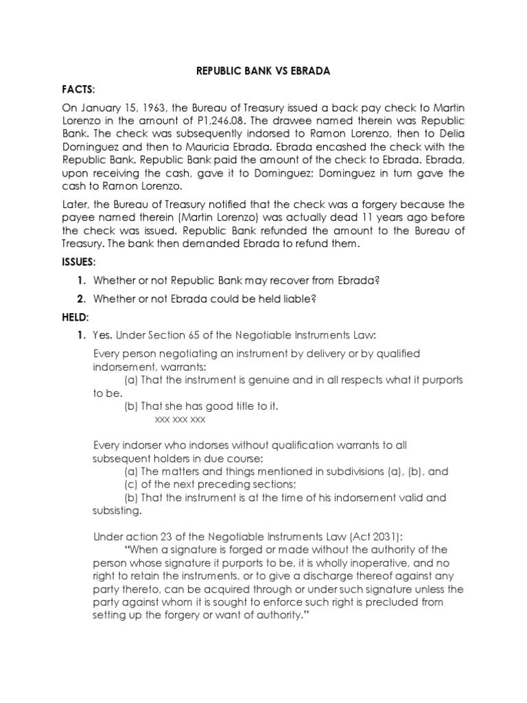 Republic Bank Vs Ebrada | PDF | Negotiable Instrument | Cheque