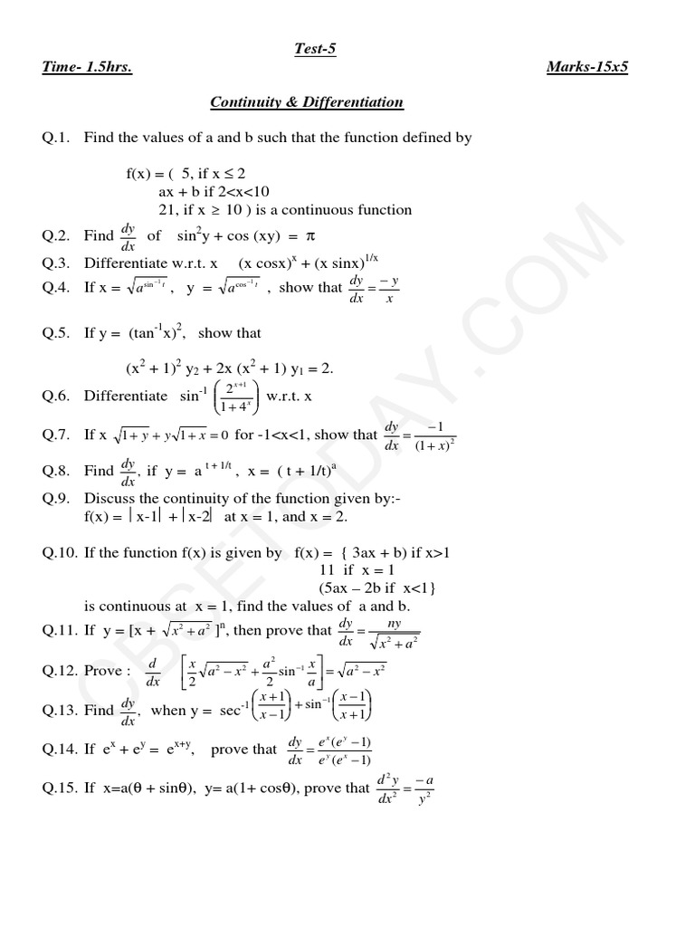 Class 12 Math Assignment On Continuity Differentiation | PDF | Mathematical Analysis | Calculus