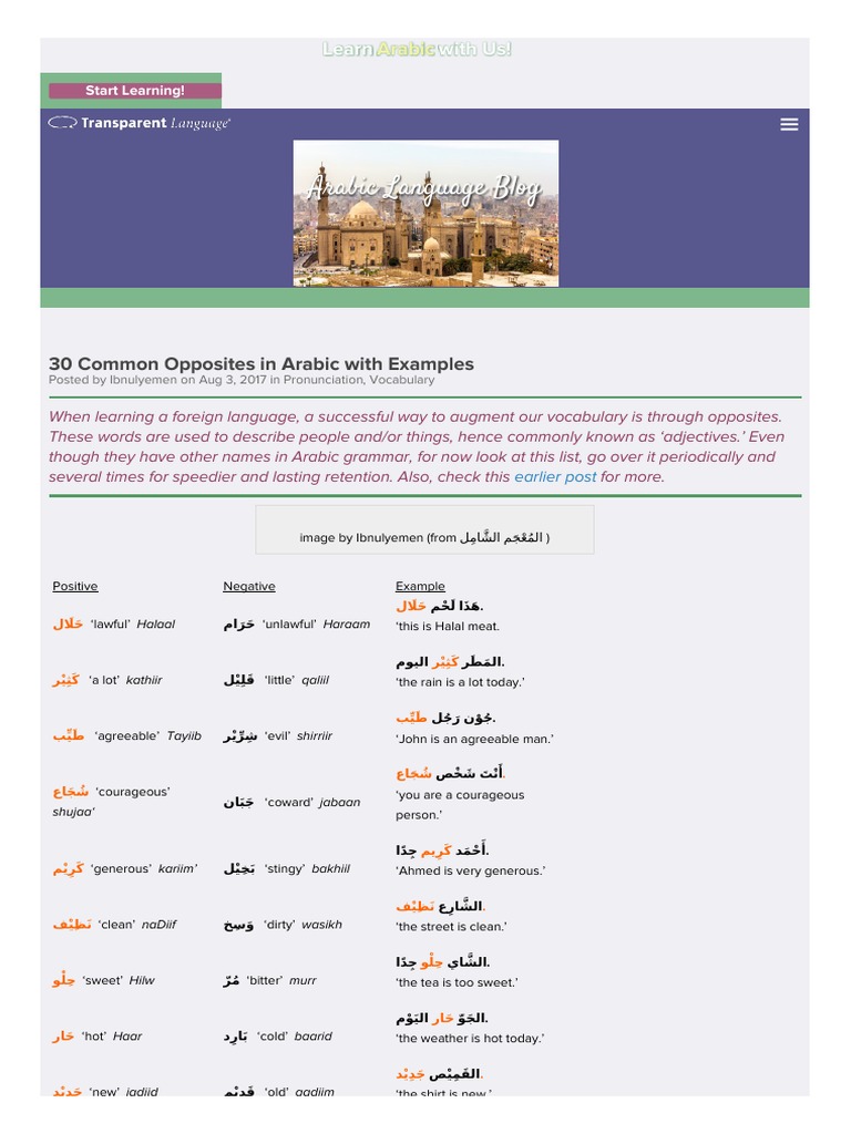 Common 30 Opposites Arabic | PDF | Arabic | English Language
