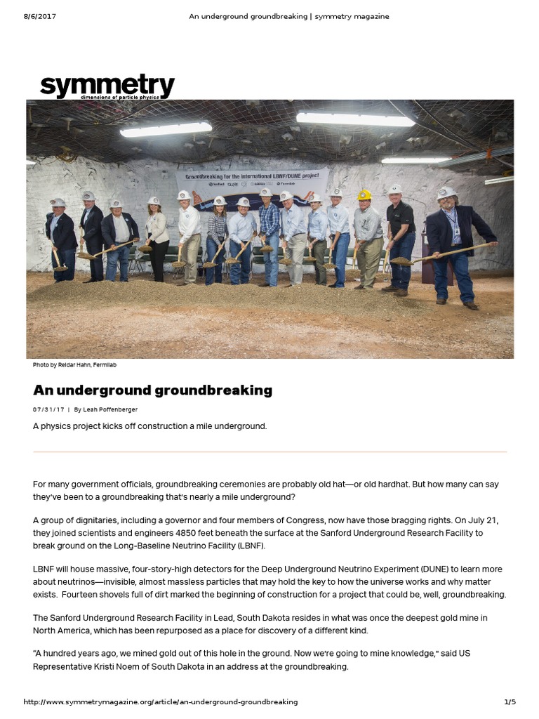 An Underground Groundbreaking - Symmetry Magazine | PDF | Particle Physics | Physical Sciences