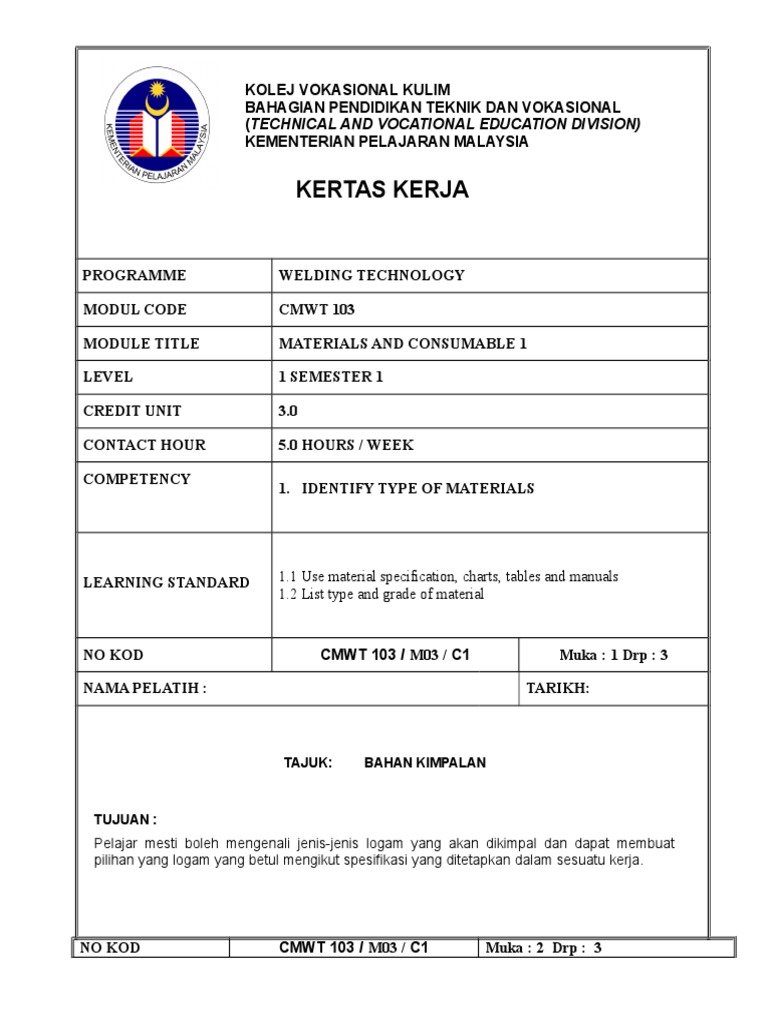 CMWT 103 Material and Consumable 1 | PDF | Teknologi & Rekayasa