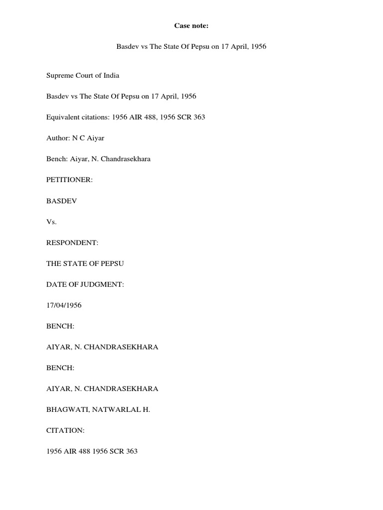 Basdev Vs State of Pepsu | PDF | Intention (Criminal Law) | Murder