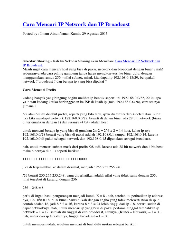 Cara Mencari IP Network Dan IP Broadcast | PDF