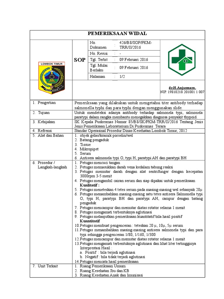 SOP Pemeriksaan Widal | PDF