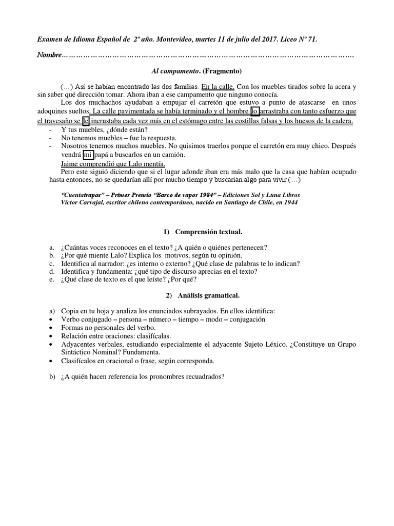 Examen de Español 2º Año 2017 | PDF
