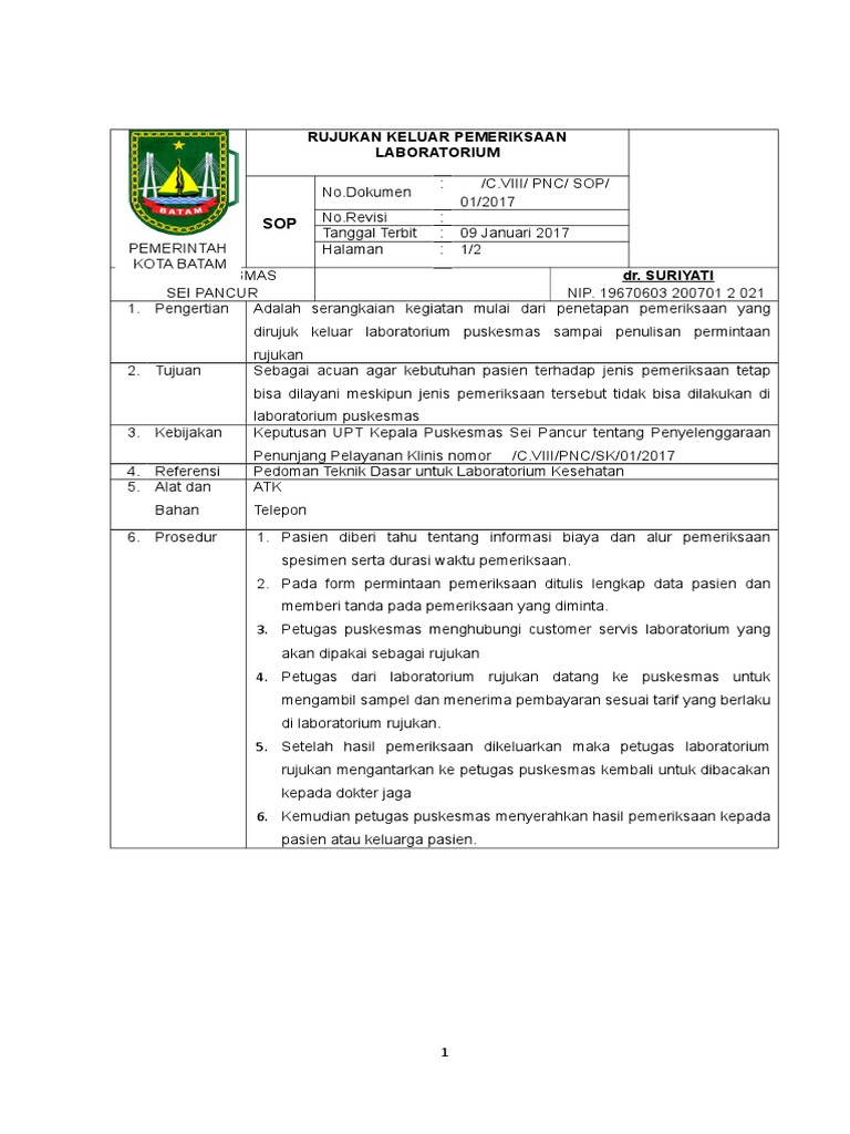 8.1.7.6 Sop Rujukan Keluar Pemeriksaan Laboratorium | PDF