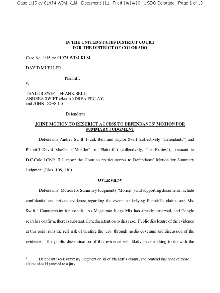 David Mueller V Taylor Swift | PDF | Defamation | Summary Judgment