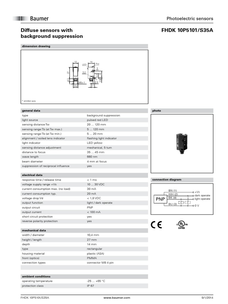 FHDK 10P5101/S35A Diffuse Sensors With Background Suppression | PDF | Light Emitting Diode ...