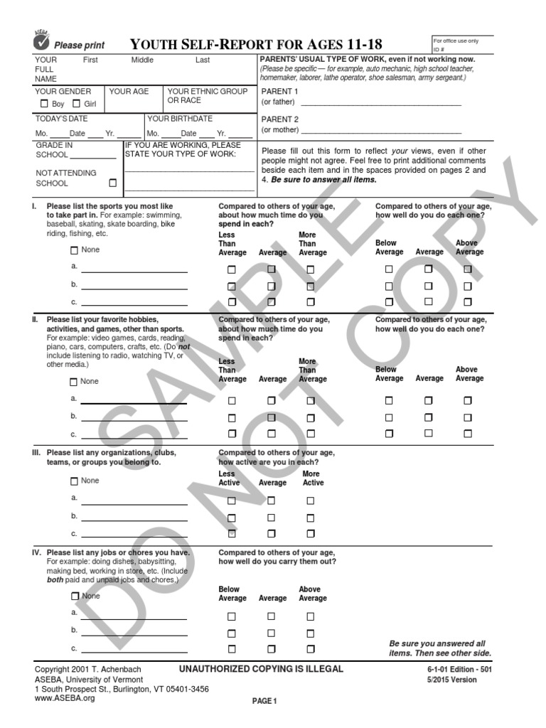 Youth Self-Report For Ages 11-18 | PDF