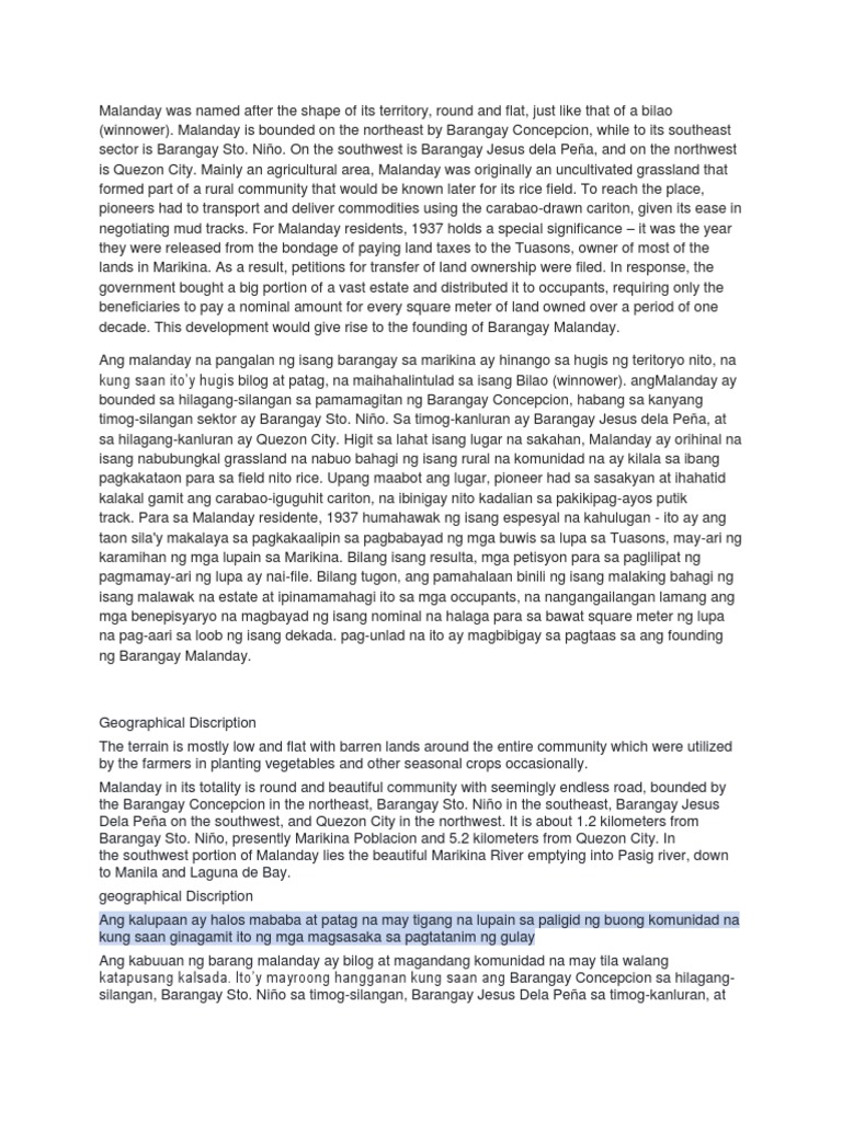 Malanday Was Named After The Shape of Its Territory | PDF