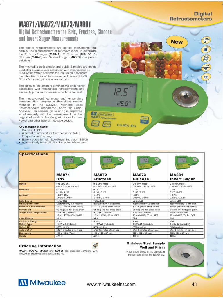 MA871/MA872/MA873/MA881: Digital Refractometers For Brix, Fructose, Glucose and Invert Sugar ...