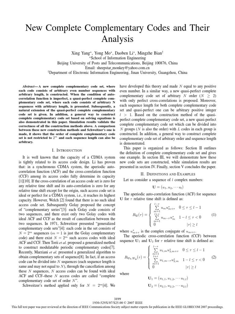 New Complete Complementary Codes and Their Analysis: Xing Yang, Yong Mo, Daoben Li, Mingzhe Bian ...