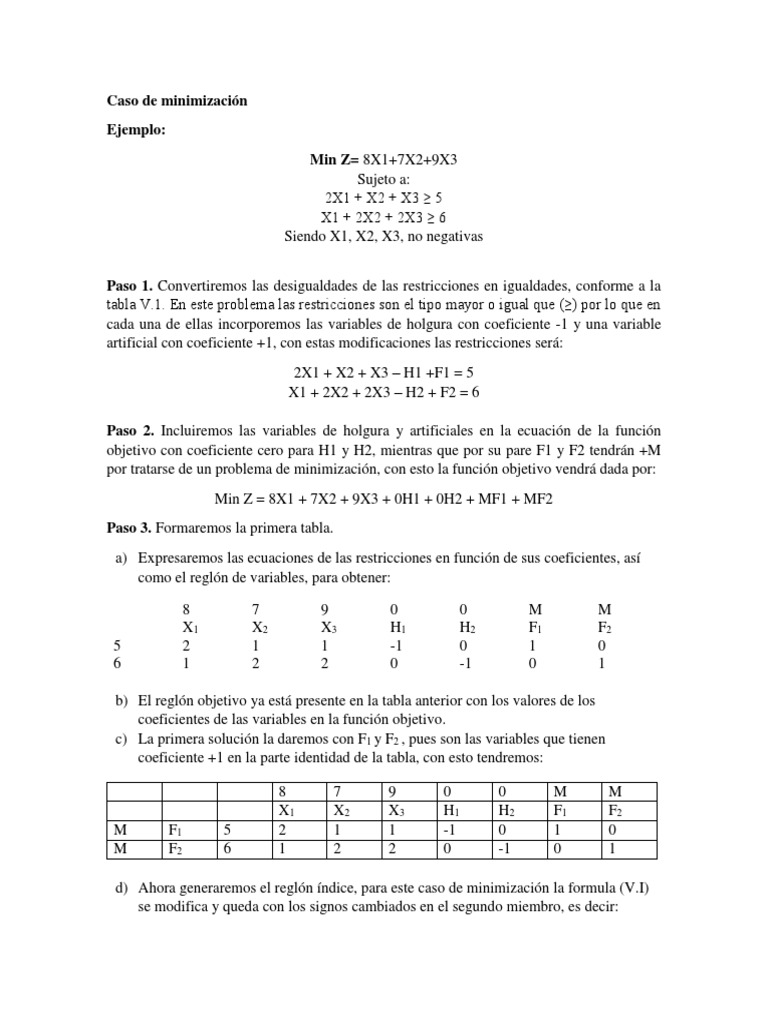 Metodo Simplex Caso de Minimización | PDF | Matemáticas Aplicadas | Objetos matemáticos