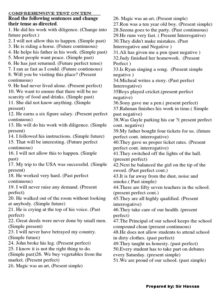 Comprehensive Tenses Test PDF | PDF | Grammatical Tense | Rules