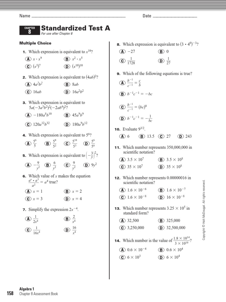 Holt Algebra 1 - Chapter 08 - Standardized Test PDF | PDF | Function ...
