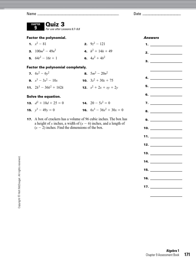 Holt Algebra 1 - Chapter 09 - Quiz 3 | PDF | Algebra | Mathematical Objects Holt Algebra 1 - Chapter 09 - Quiz 3 | PDF | Algebra | Mathematical Objects
