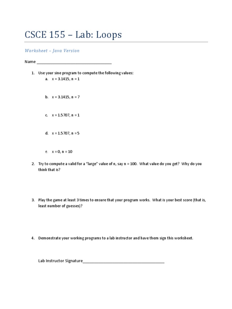 CSCE 155 - Lab: Loops: Worksheet - Java Version | PDF | Teaching Mathematics
