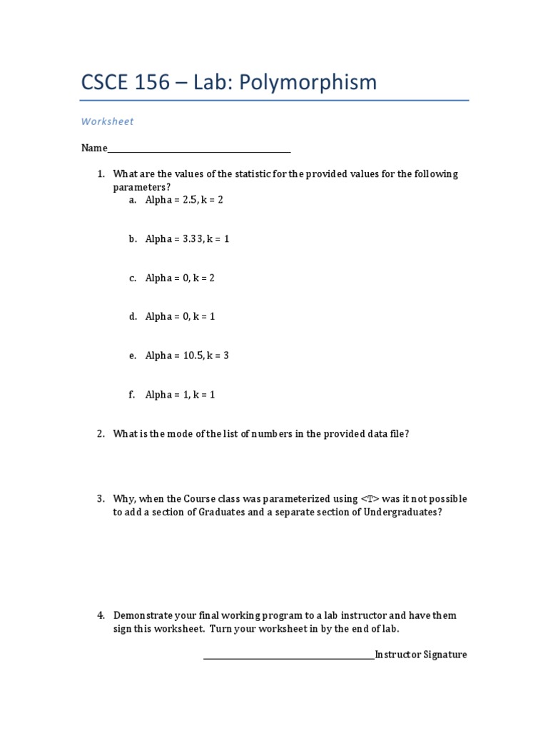 CSCE 156 - Lab: Polymorphism: Worksheet | PDF | Statistical Theory | Statistics