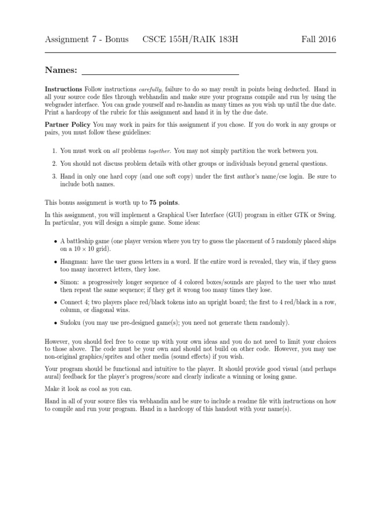 Assignment 7 Bonus Csce 155h Raik 183h Fall 2016 Pdf Computer Engineering Areas Of