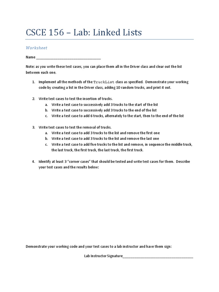 CSCE 156 - Lab: Linked Lists: Worksheet | PDF | Computer Programming ...