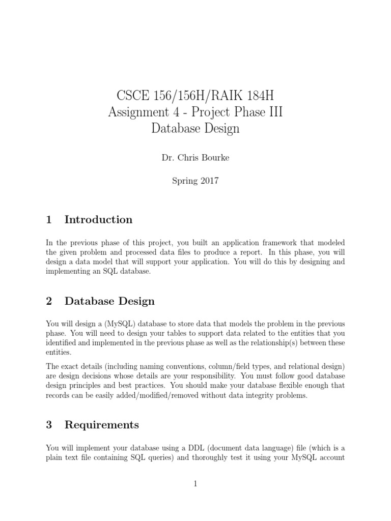 CSCE 156/156H/RAIK 184H Assignment 4 - Project Phase III Database Design | PDF | Sql | Databases