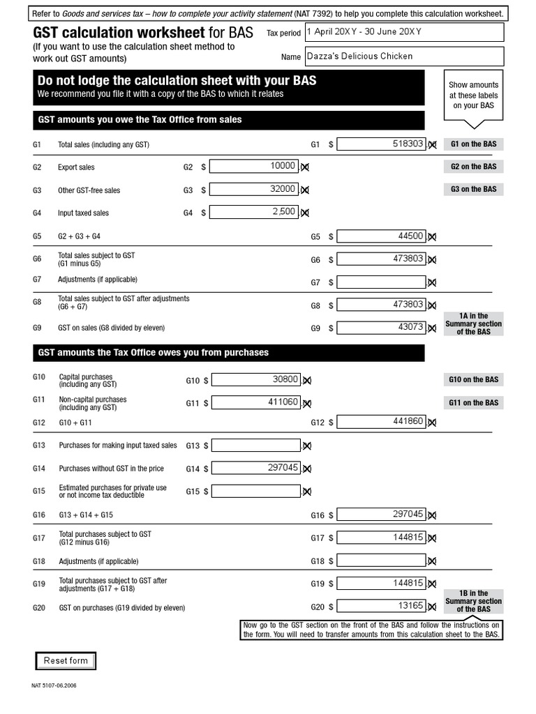 BAS Worksheet - Task 1 | Payments | Government Finances