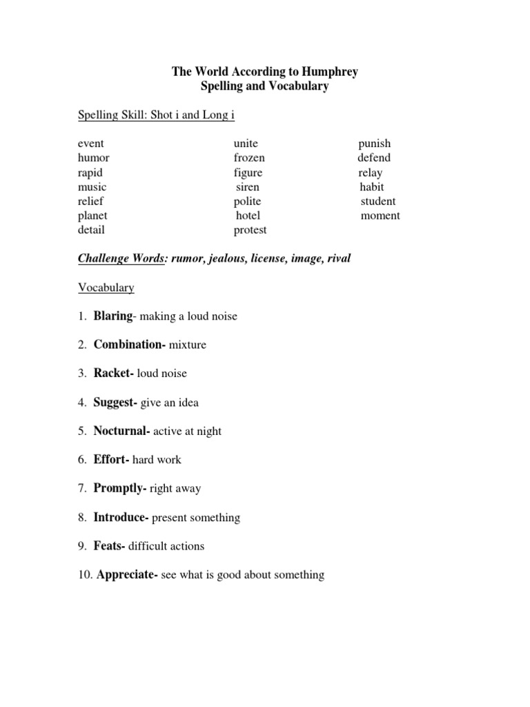 The World According To Humphrey Spelling List | PDF