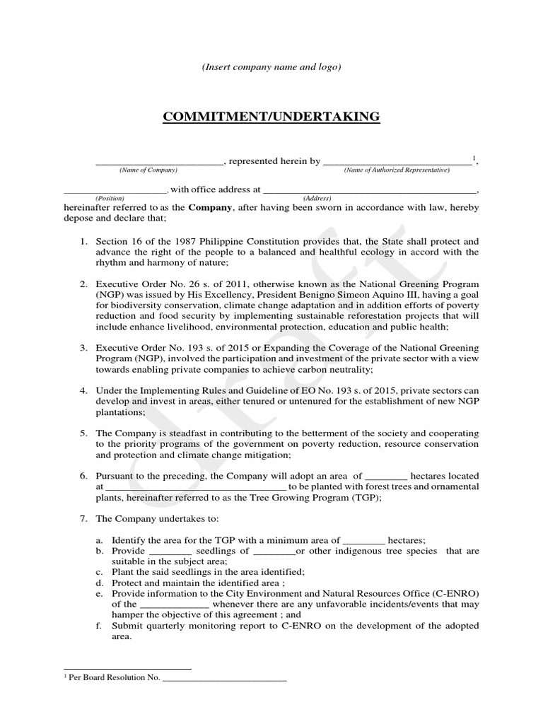 Commitment/Undertaking: (Insert Company Name and Logo) | PDF | Natural ...